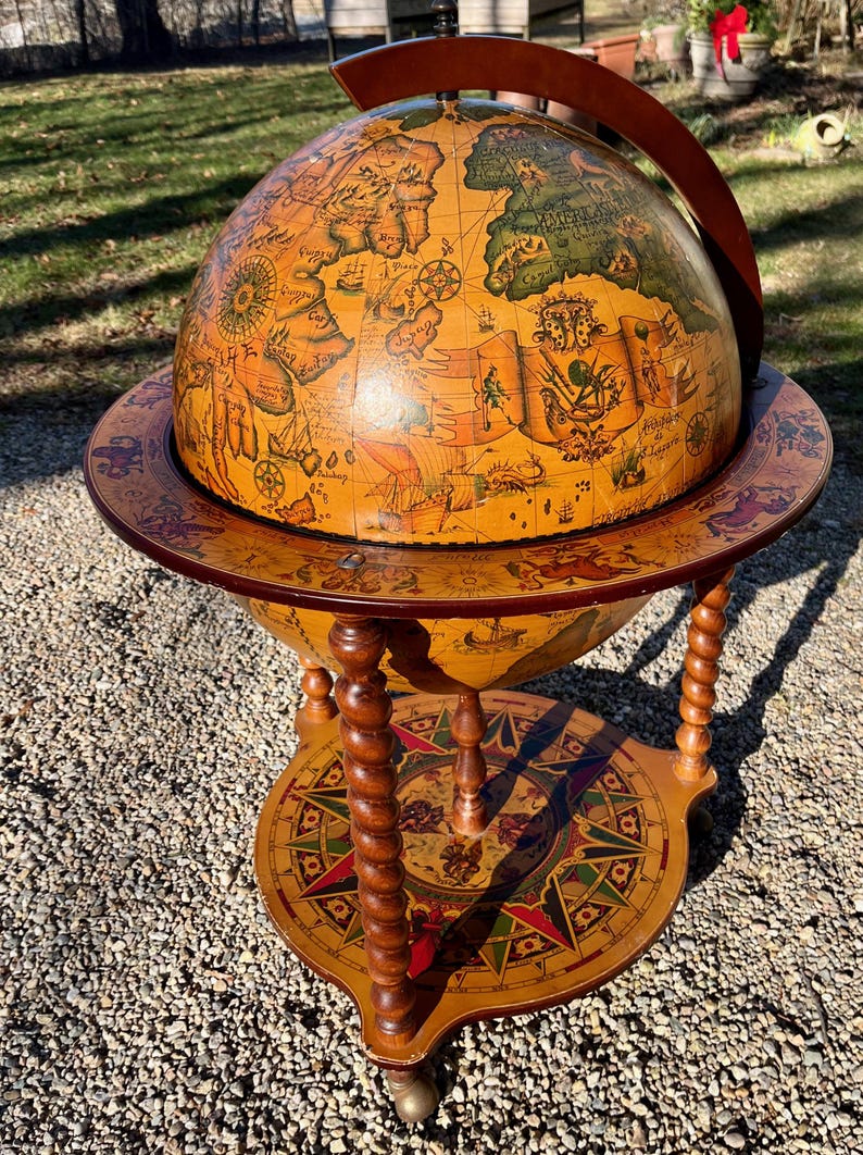 World Globe Bar Cart 16th Century Map Replica & Zodiac Holds Bottles ...