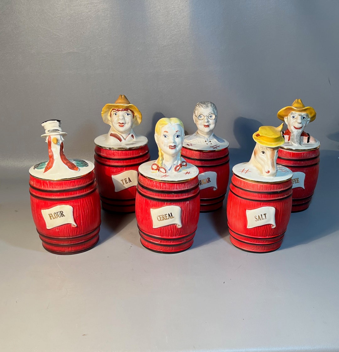 Set 6 Old Macdonalds Canisters by Royal China C1950 Sugar Flour Coffee ...
