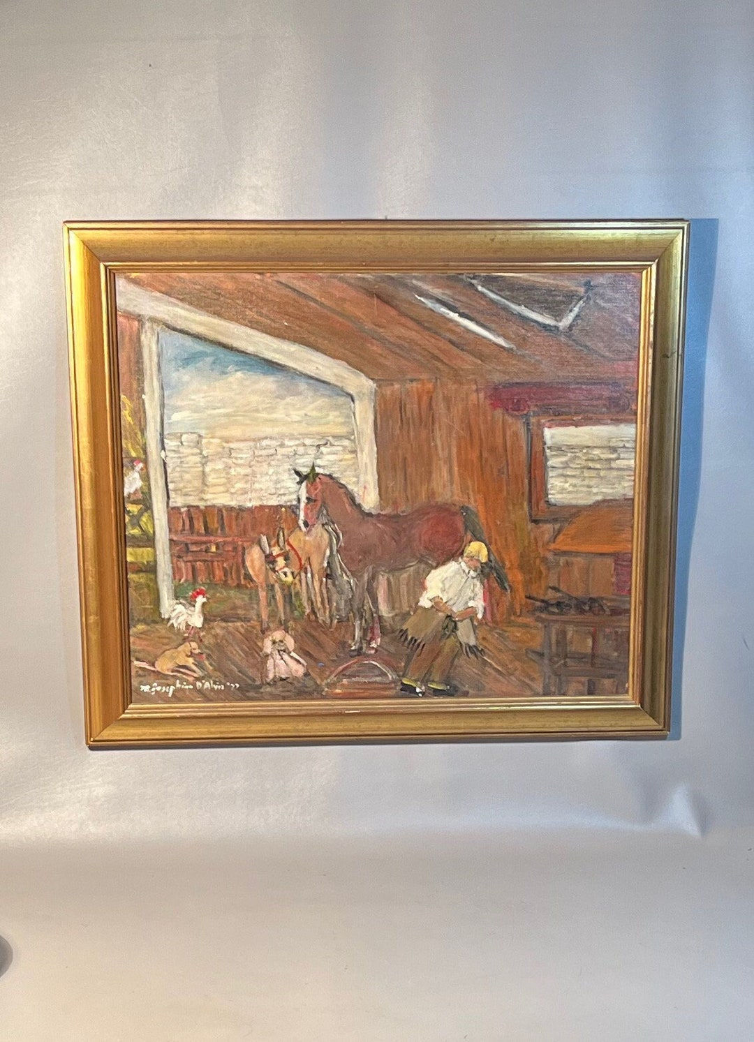Folk Artist Josephine D’alvia Orig Oil on Board Depicts Blacksmith Shop ...