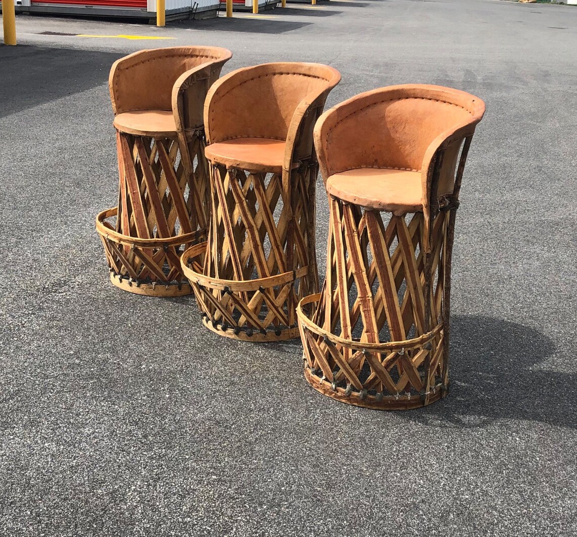 Set Of 3 Mexican Equipale Bar Stools Hand Crafted From Tanned | Etsy