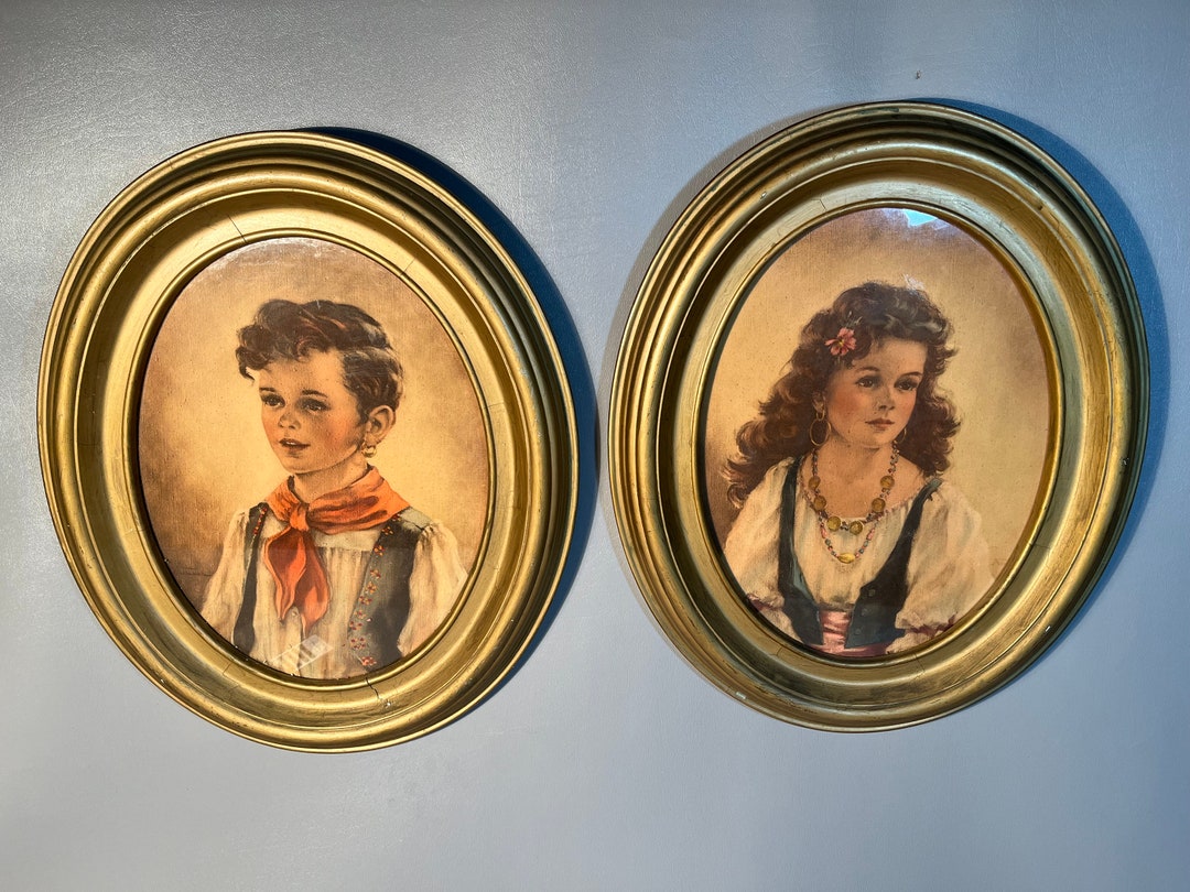 Gypsy Young Girl & Boy C1940 by Anne Allaben Gold Oval Frames 13x16 ...