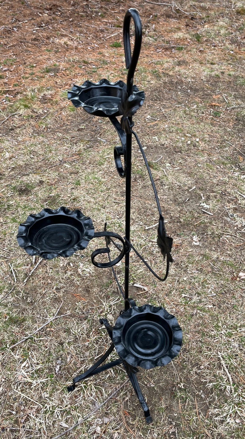 Floor Plant Stand Wrought Iron 3 Ruffled Holders With Oak Leaves Retro ...