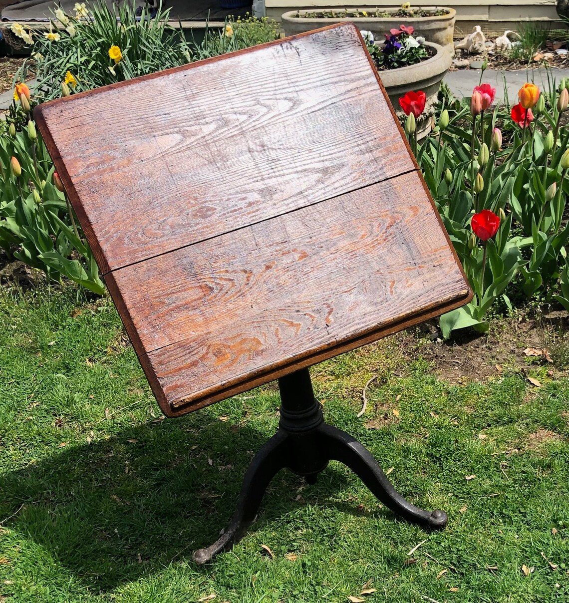 Antique Oak Drafting Table W/adjustable Cast Iron Base Tripod | Etsy