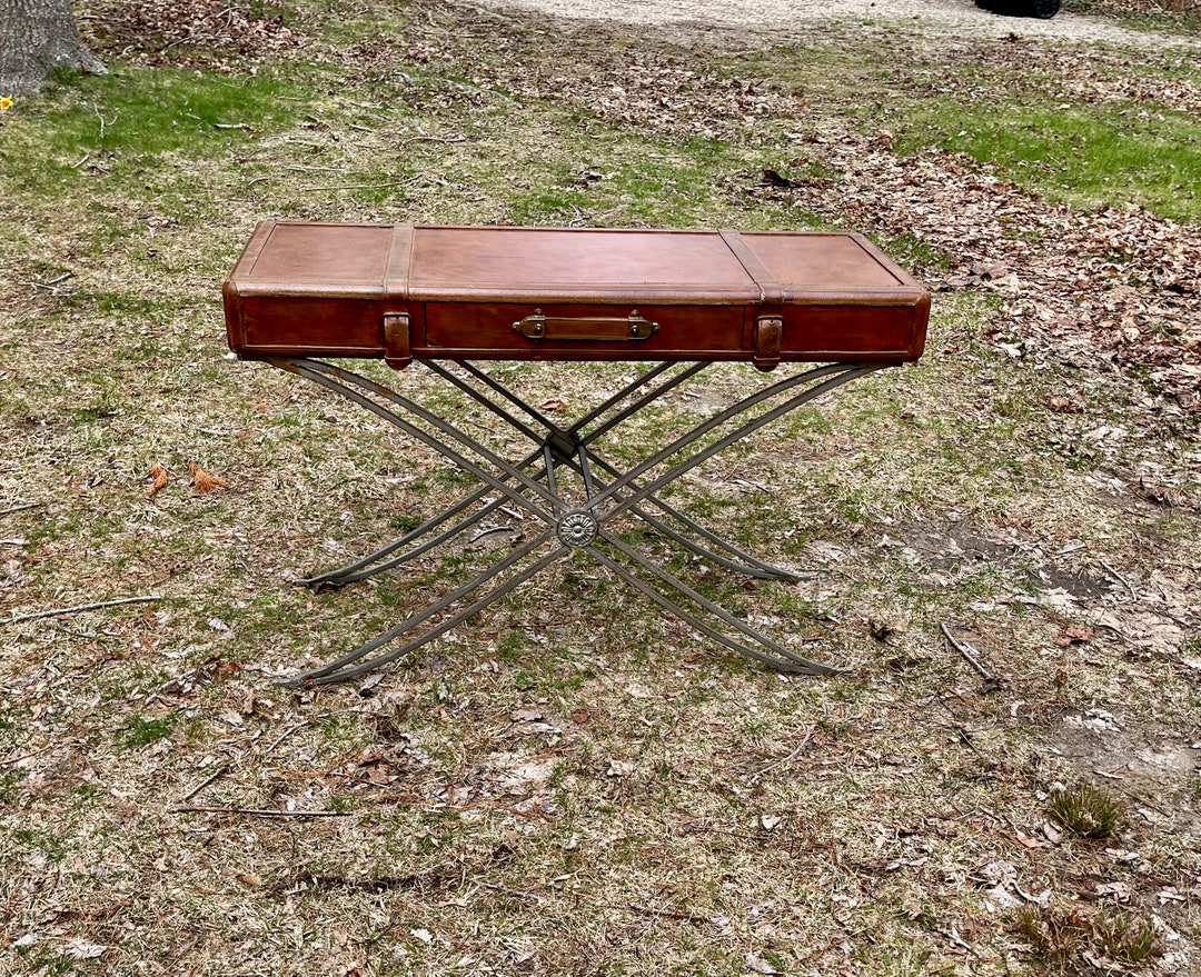 French Leather Luggage Top Console Sofa Table or Desk Iron Double X ...