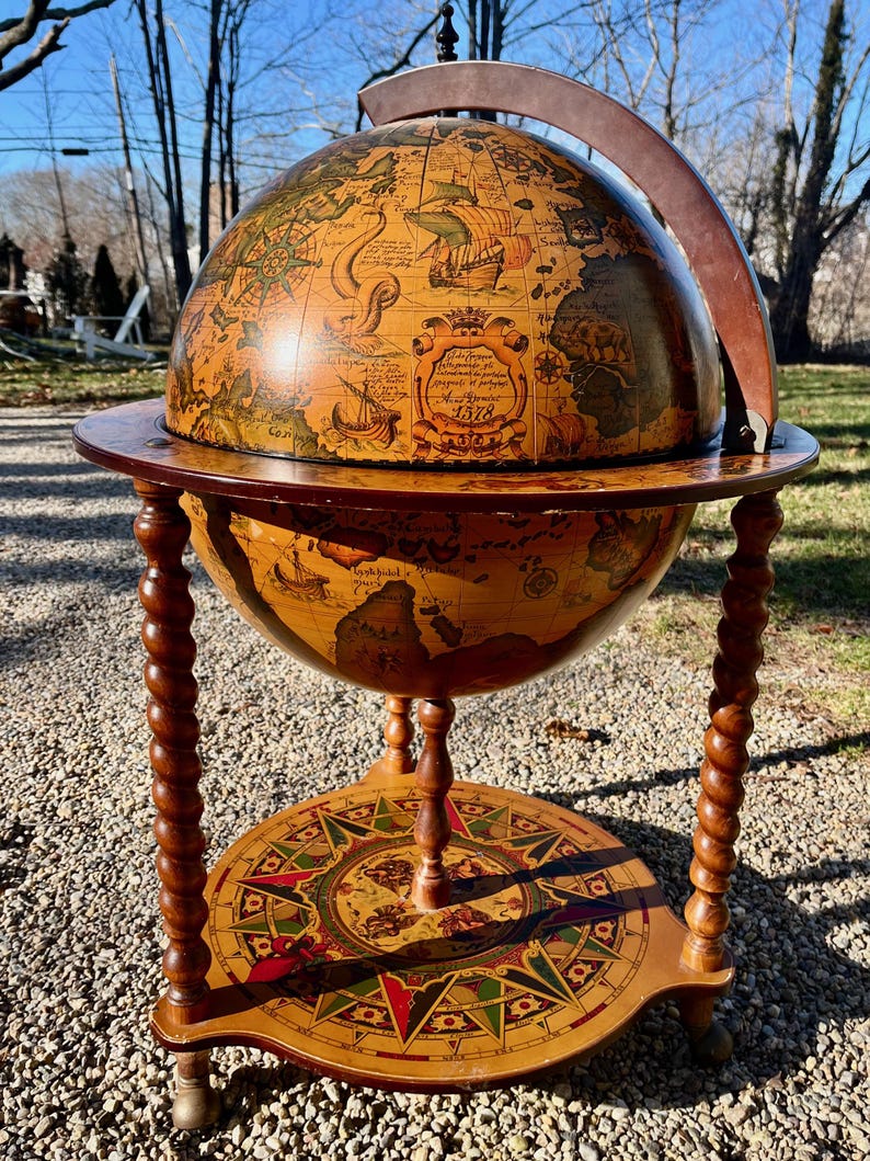 World Globe Bar Cart 16th Century Map Replica & Zodiac Holds Bottles ...