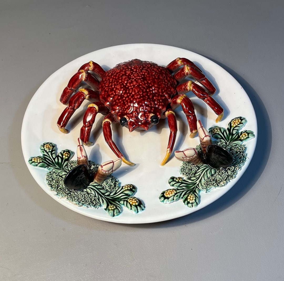 Majolica Crab Plate 3D Porcelain Sculpted Seafood, Seaweed 12 Diameter ...