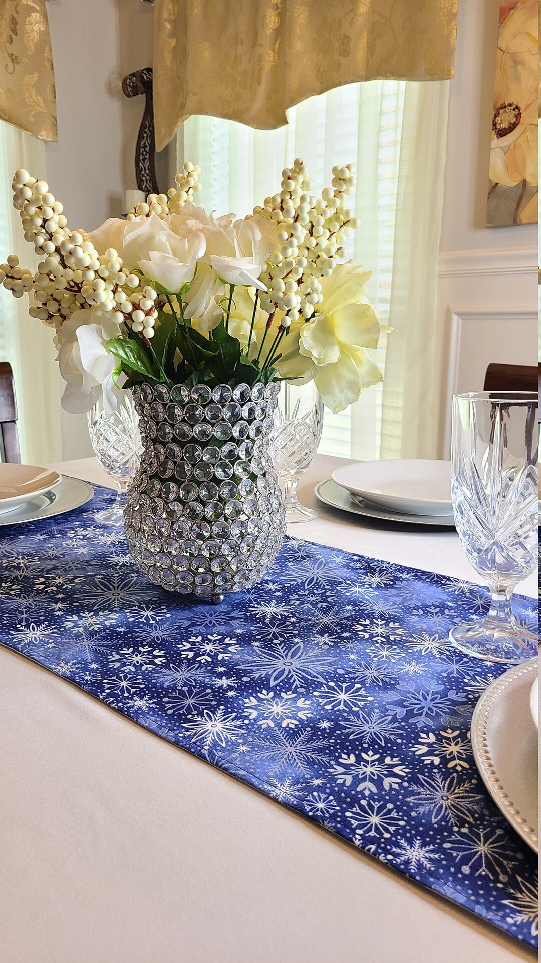 Silver Stars and Blue Print Table Runner, 4to6 Seater Tables, Fits ...