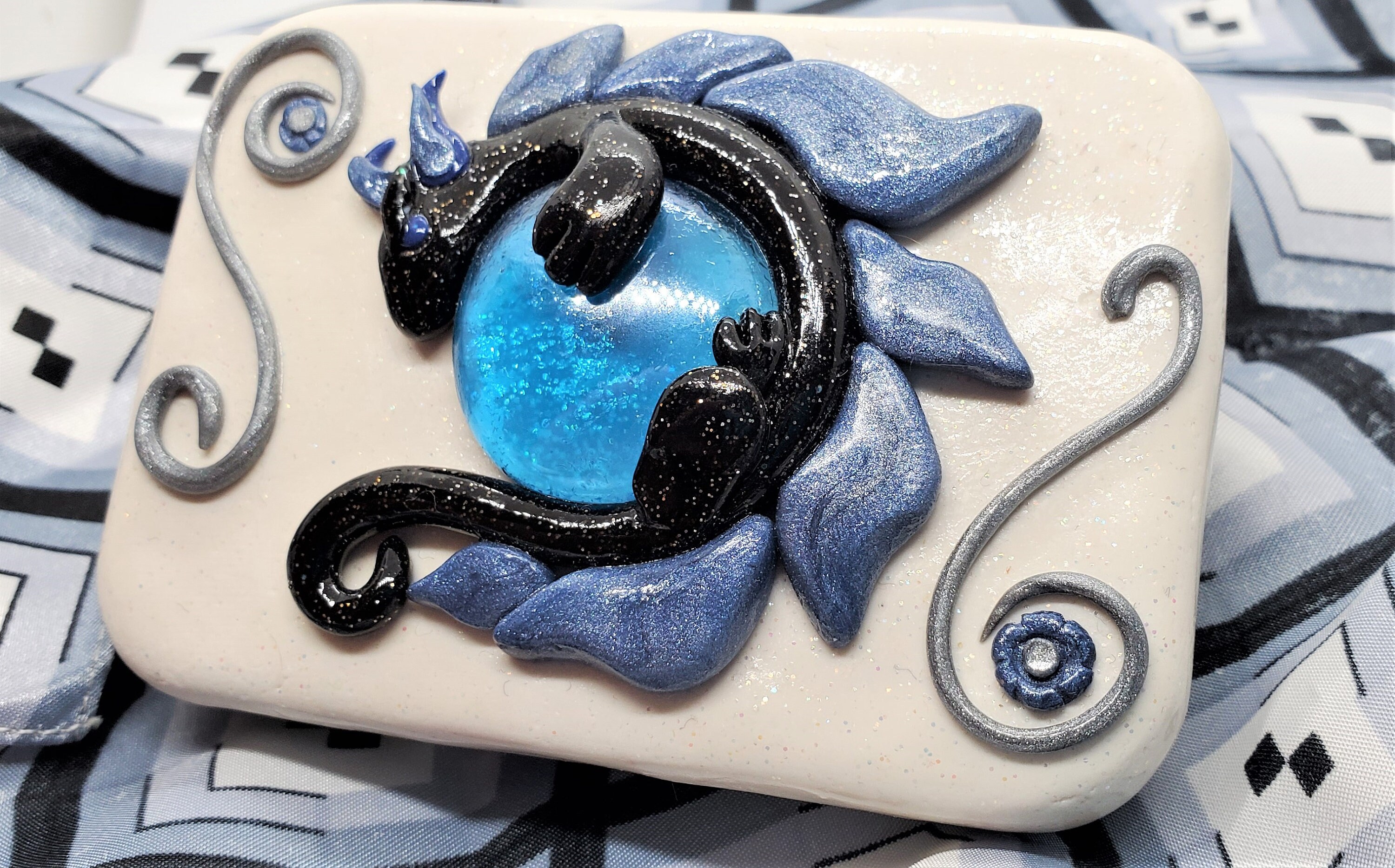 Ice Dragon Tin; Handmade Dragon Tin; Clay and Glass Covered Storage Tin ...
