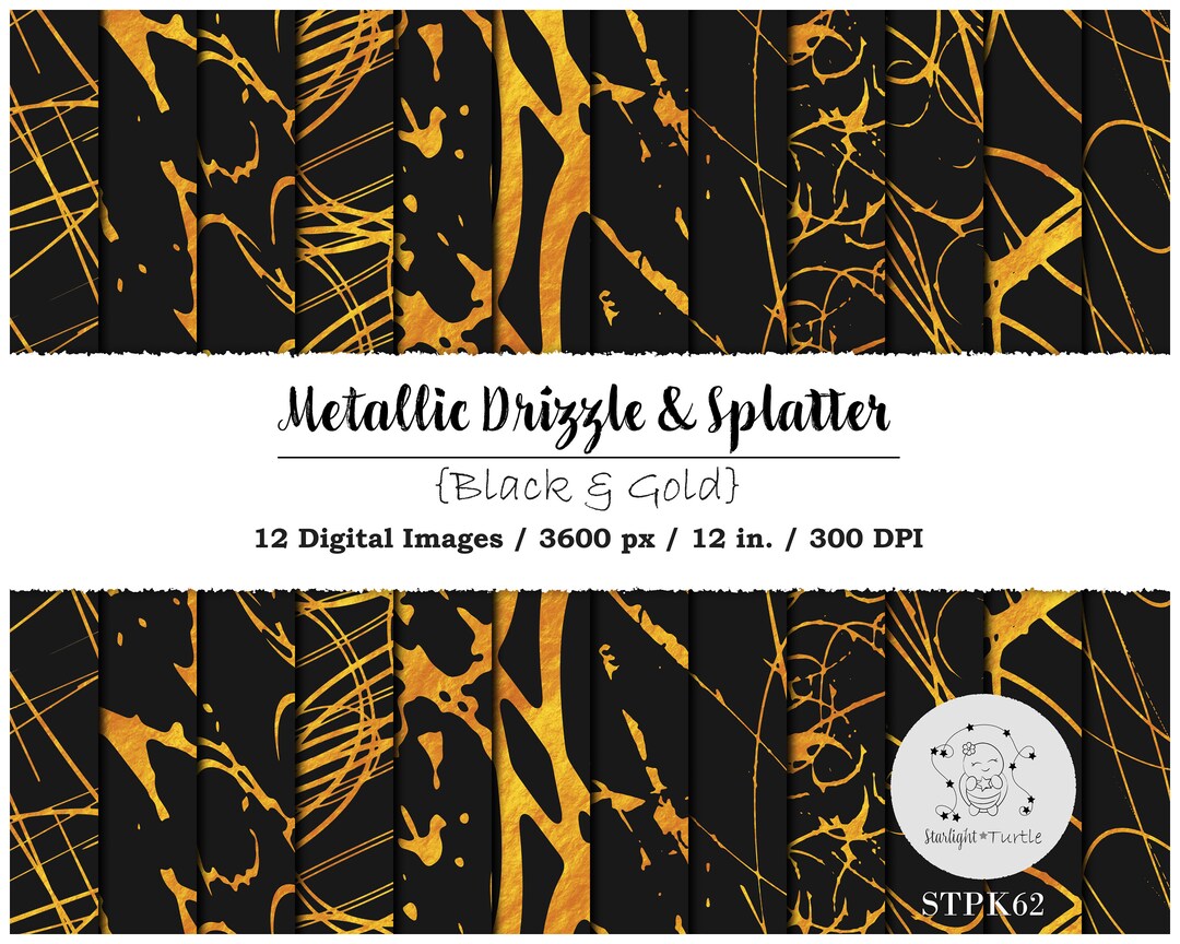 Metallic Drizzle Splatter Gold Foil on Black Digital Paper, Digital ...