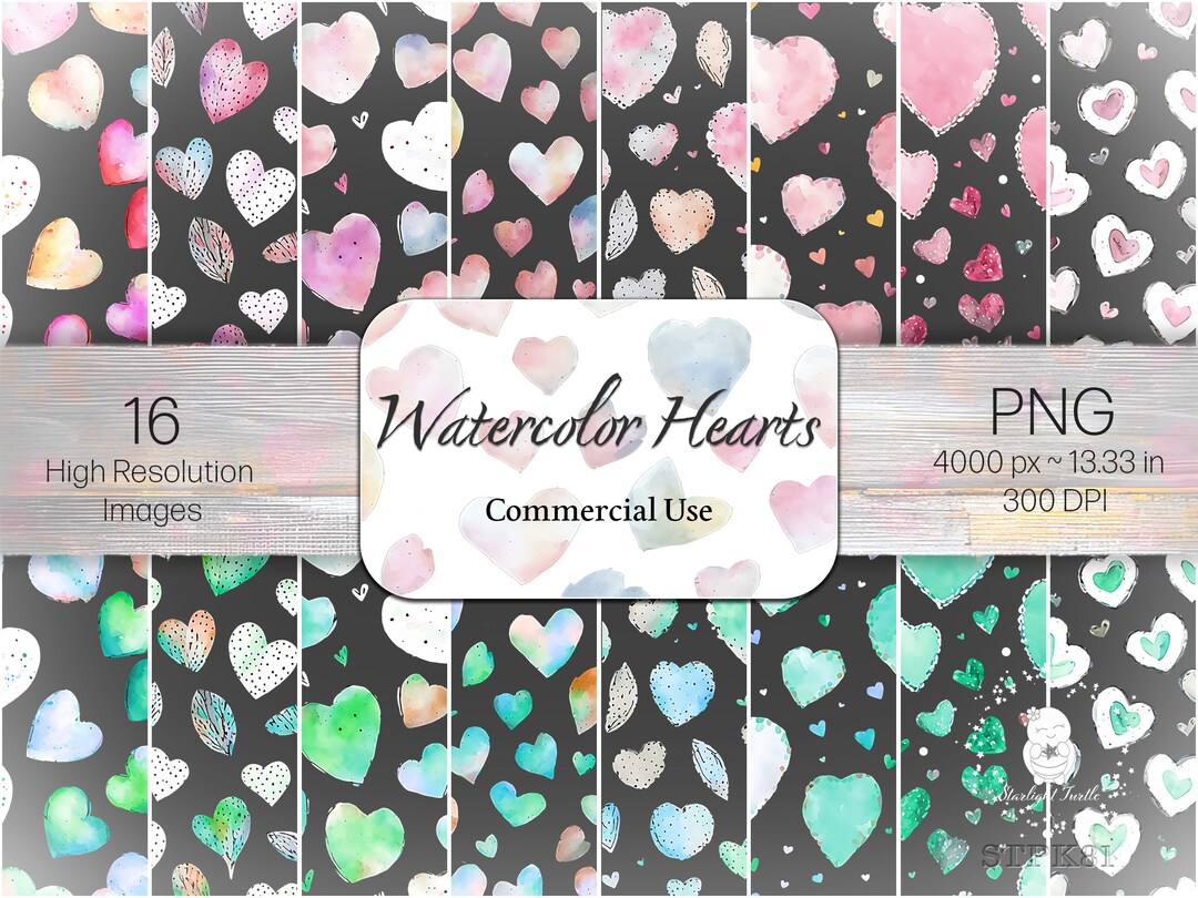 Watercolor Hearts Pattern Digital Paper, Texture, Boho, Doodle ...
