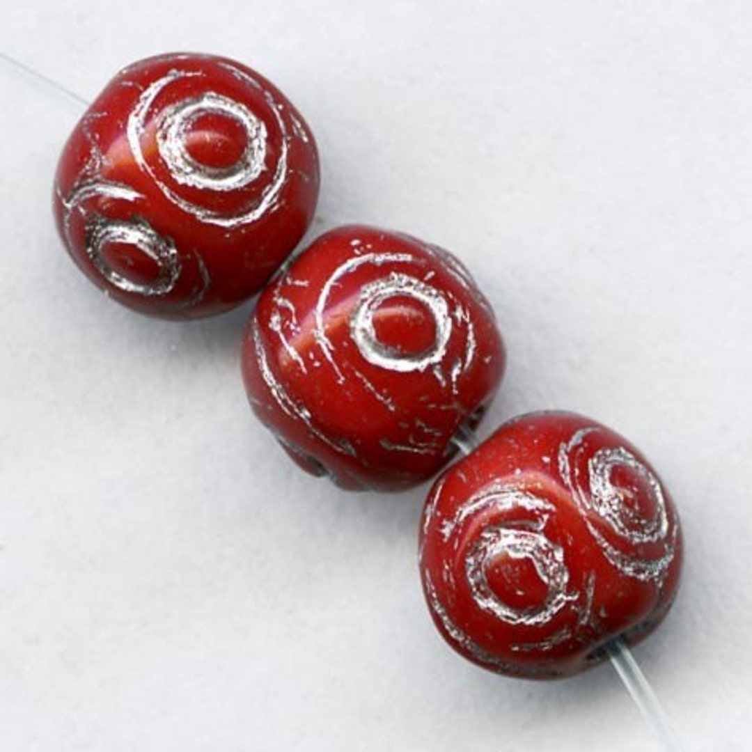 Pressed Cherry Red Glass Beads With Silver Décor. 7mm. Pkg of 20. B11 ...