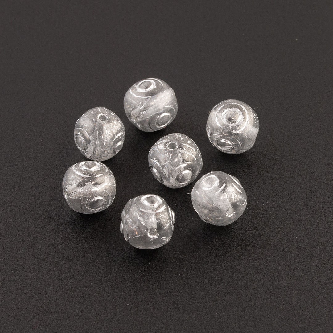 Pressed Translucent Light Grey Glass Beads With Silver Décor 7mm Pkg of ...