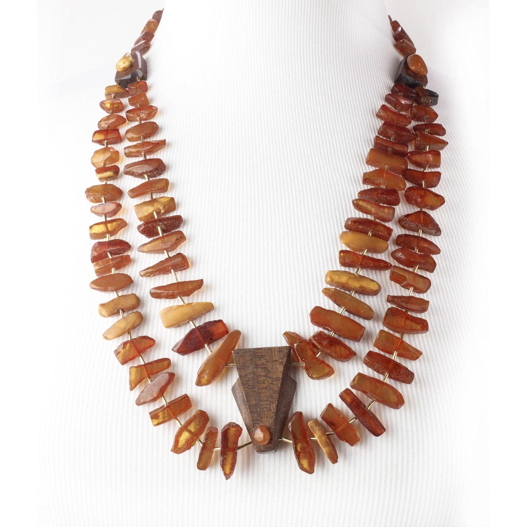 Baltic Amber Necklace, Double Strand With Wood Pendant. C. 1940s. J ...