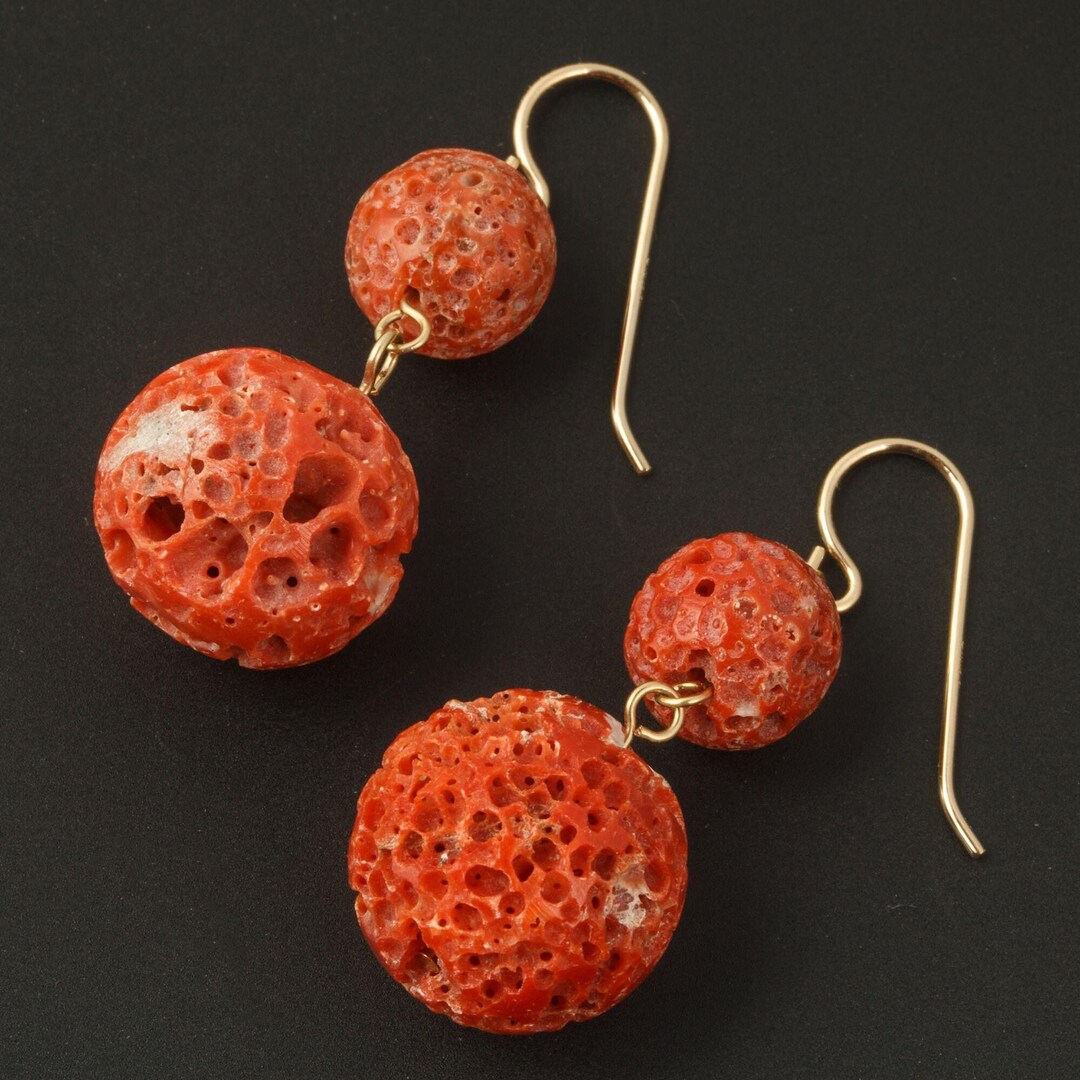 Very Rare Japanese "momo" Coral Earrings, Beautiful Natural Texture and ...