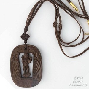 Vintage Chinese Carved Wood Swiveling Deity With Two Bats Descending ...