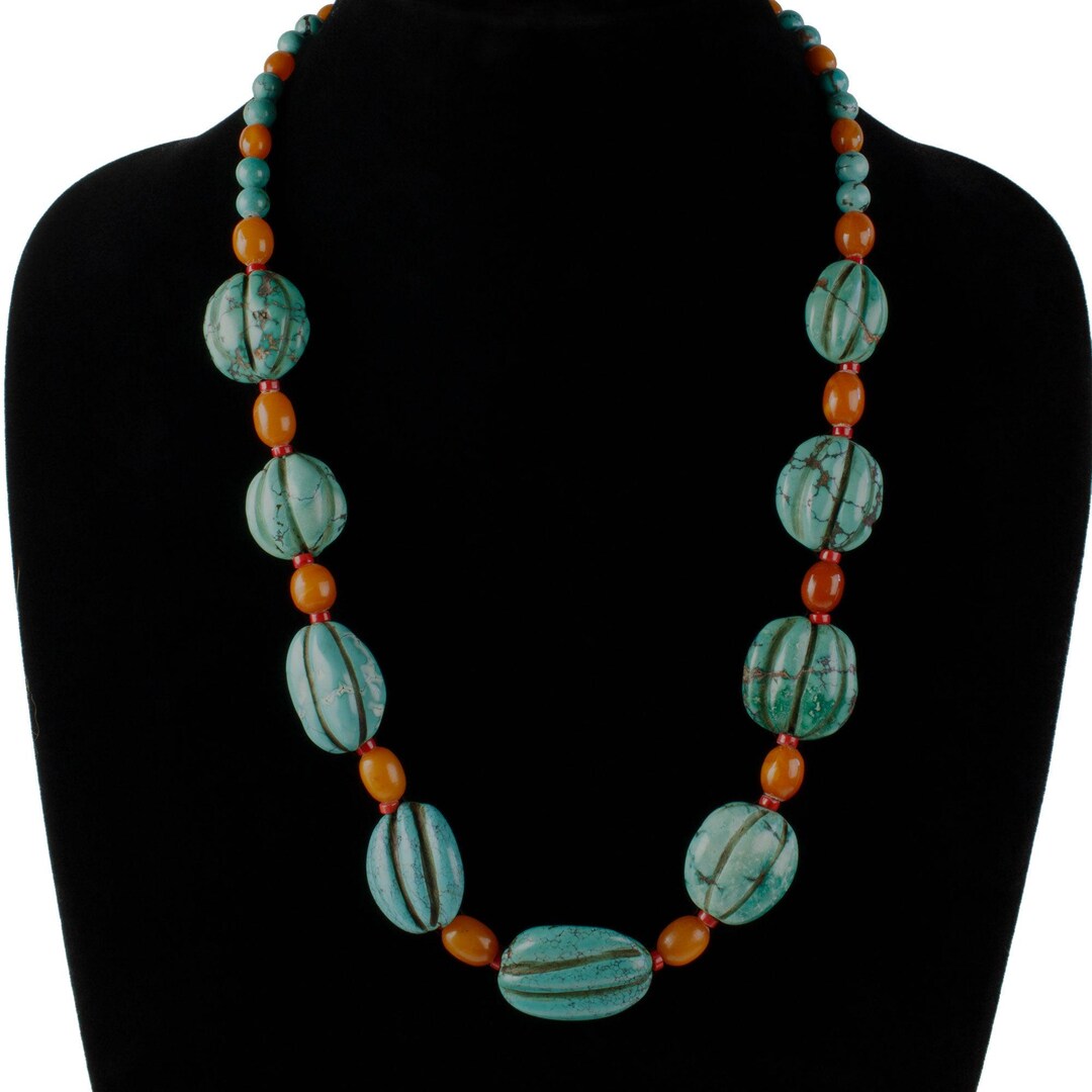 Carved Turquoise Melon Bead Necklace With Yellow Rosin and Coral. J ...
