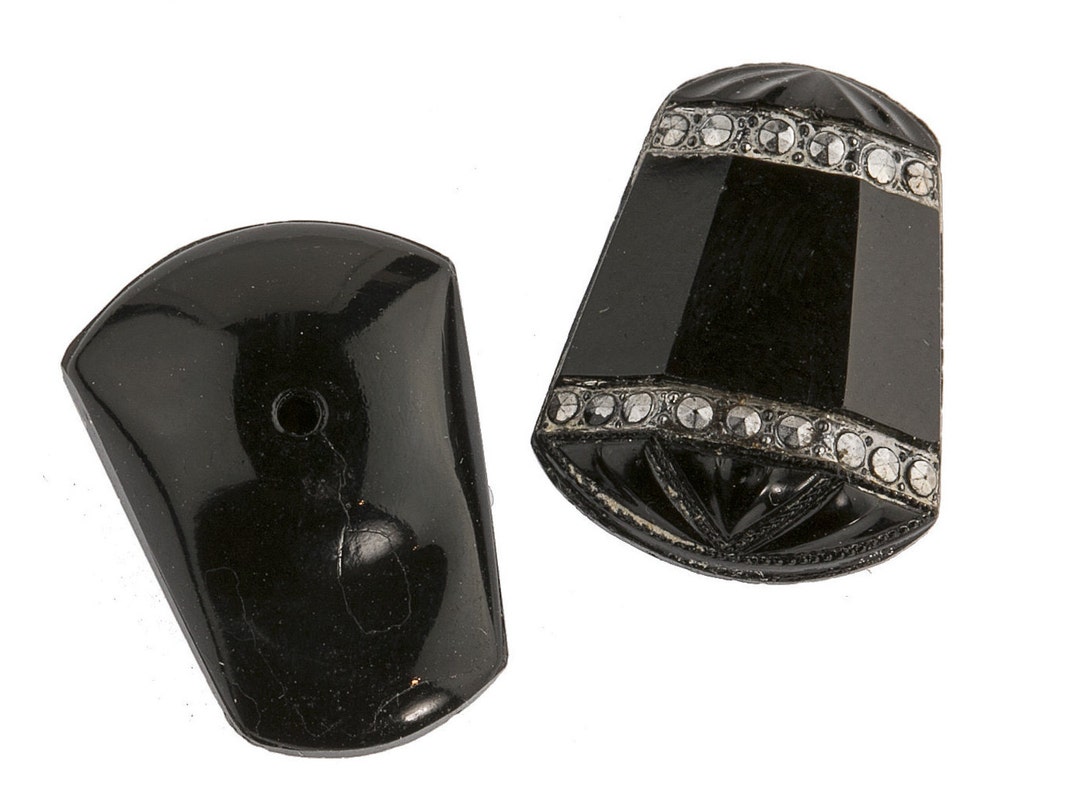 Art Deco Jet Glass and Macasite Button-stones. 14x22mm. Pkg of 2. B5 ...