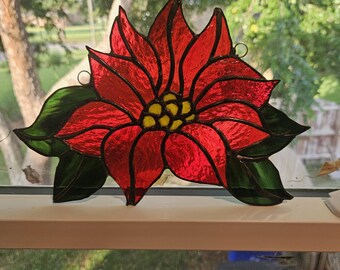 Christmas Poinsettia Stained Glass Sign, (3), Poinsettia Stained Glass ...
