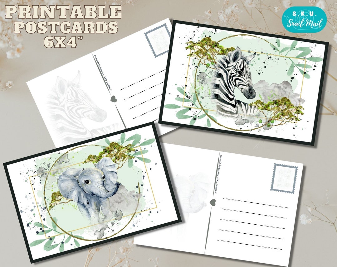 Printable Postcards, Animal Postcards, Postcard Set, Elephant, Zebra ...