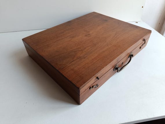 French vintage wood box with carry handle and fabric… - Gem