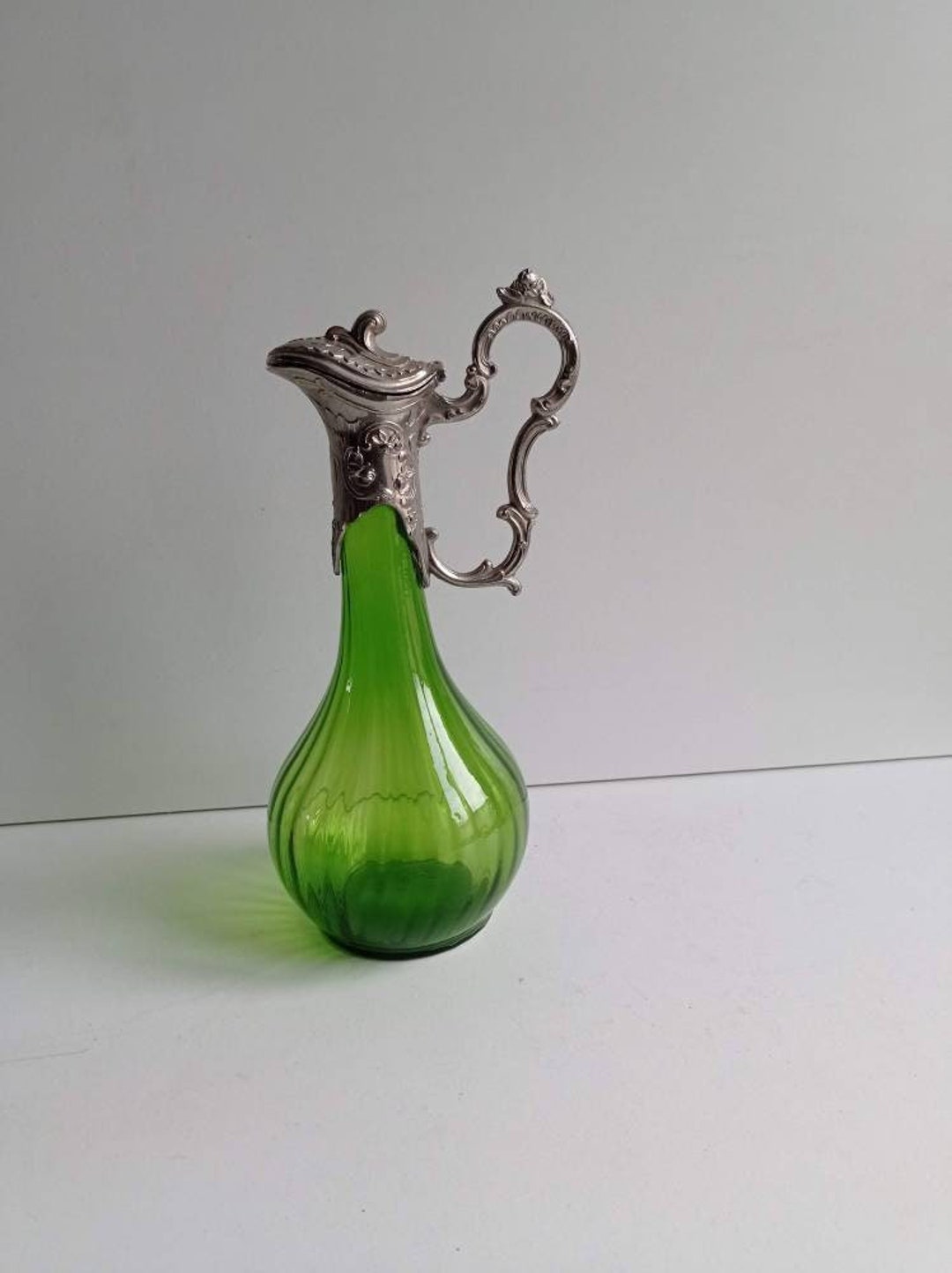 French Art Nouveau Styled Wine / Claret Carafe in Green Faceted Glass ...