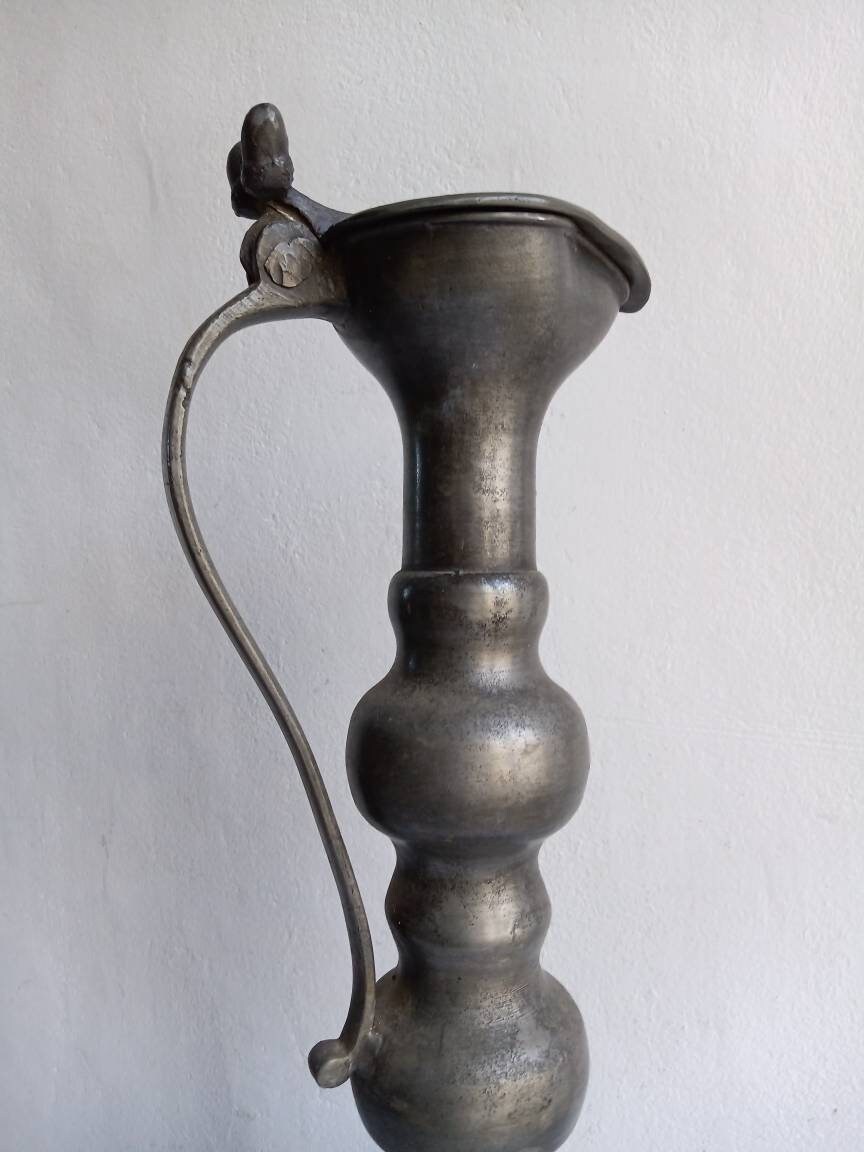 long necked ewer Tall French antique pewter pitcher circa 1800s. wine ...