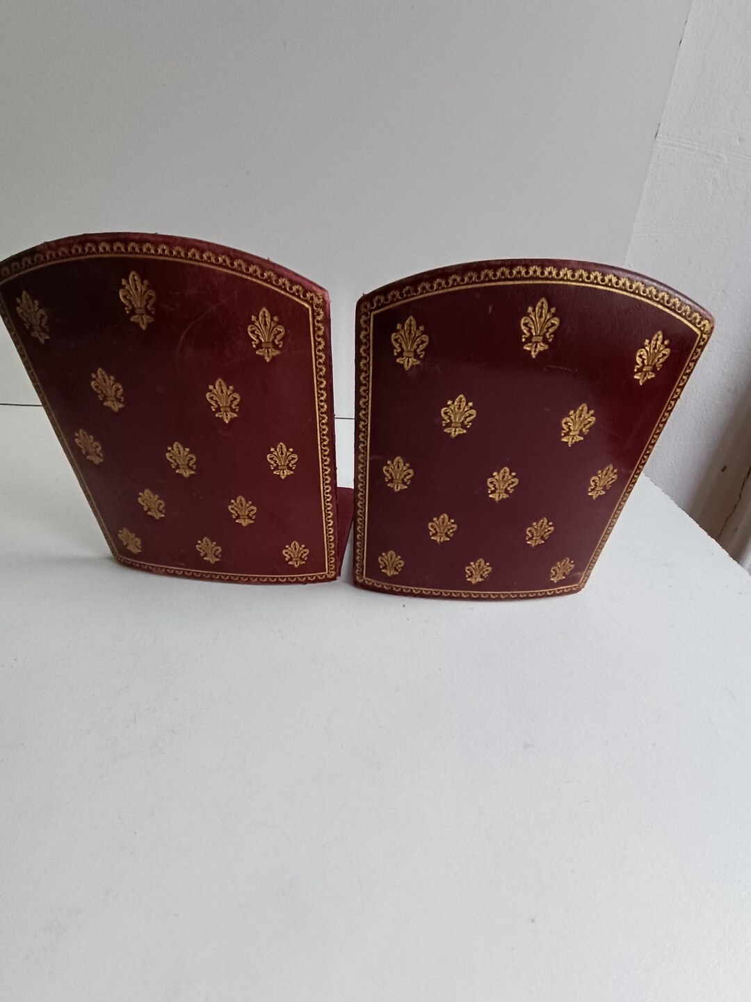French Fleur De Lys Bookends, Made of Wood and Covered in Leather Circa ...