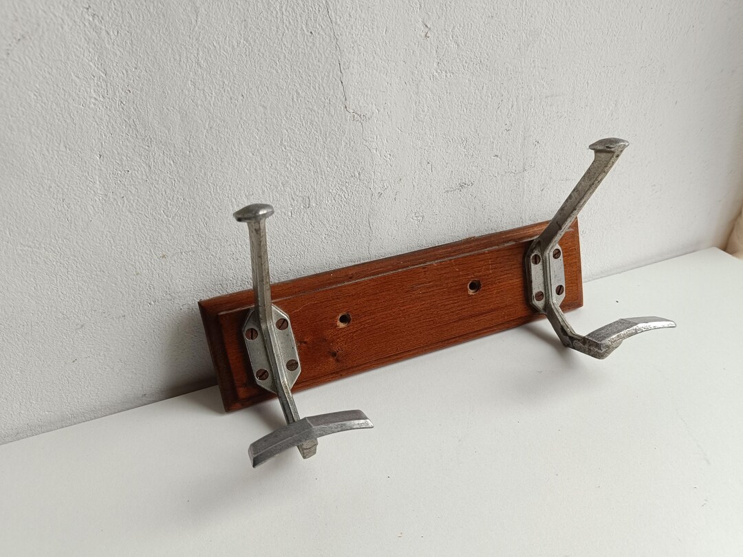 French Vintage Retro 2 Peg Hat and Coat Rack Made From Aluminum on Wood ...