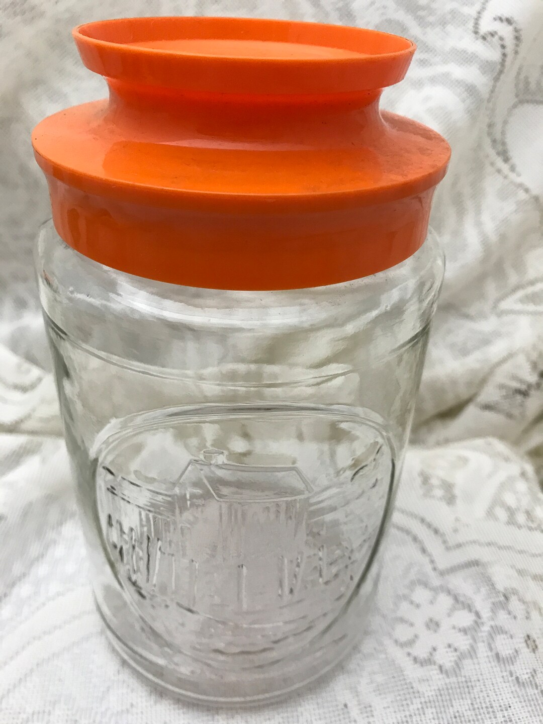 Vintage Anchor Hocking Wharf Jar: Embossed Glass Container With Orange ...