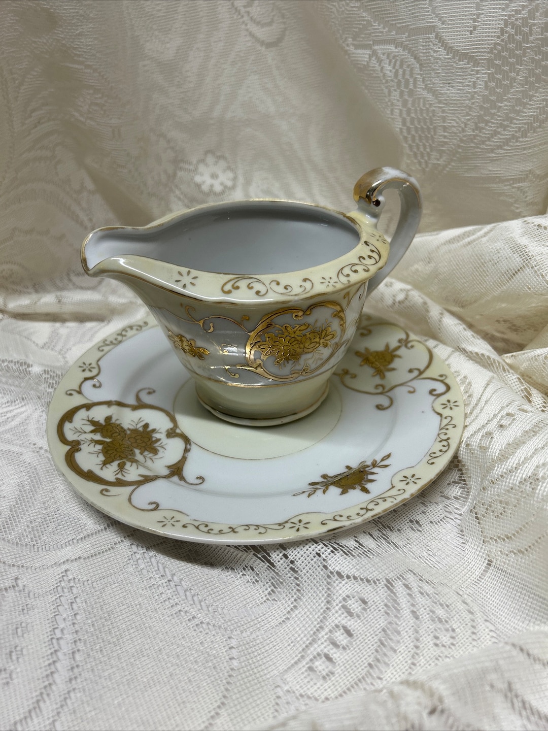 Antique Moriyama Morie Machi Bone China Plate and Creamer 22K Gold ...