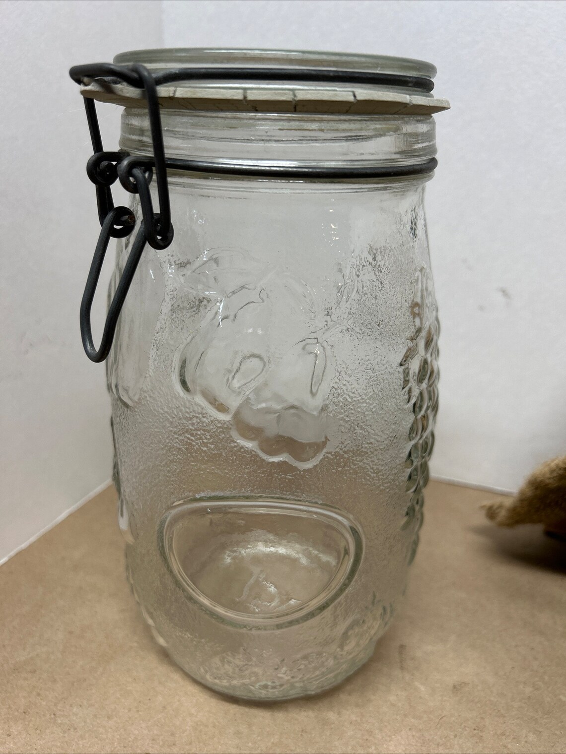 Wheaton Fruit Embossed Clear Canning Jar W/ Wire Bail Closure Lid ...