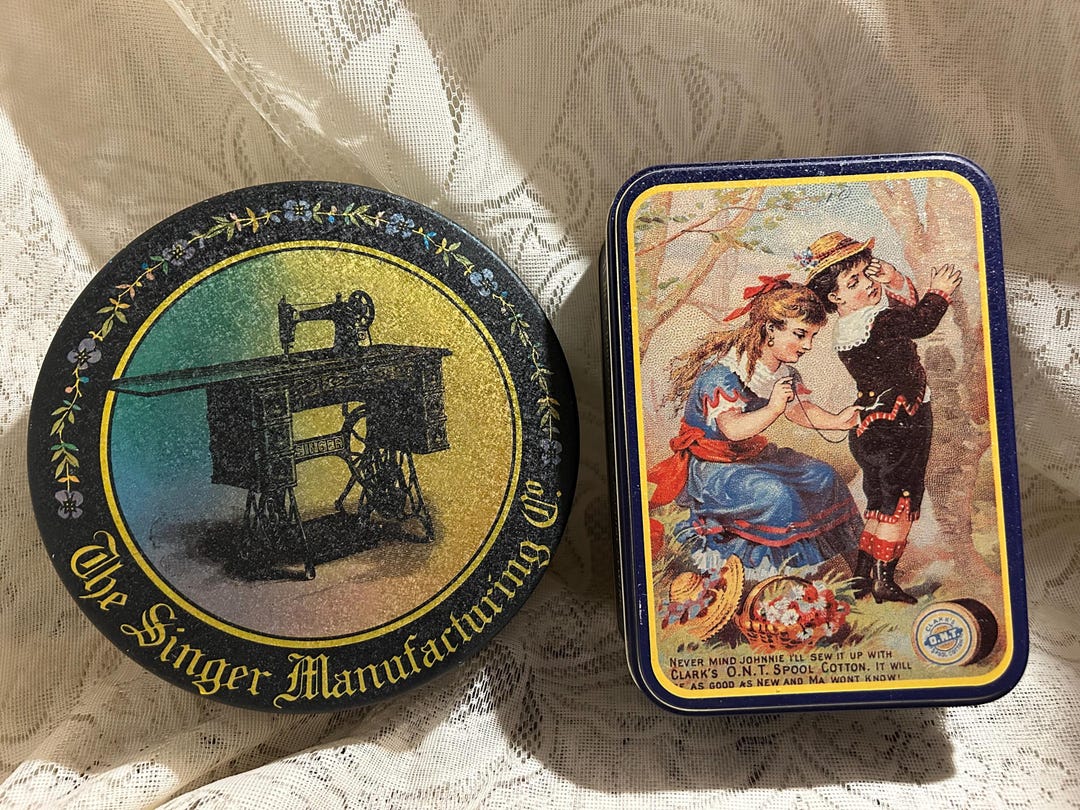 Sewing Tins, Clarks O.N.T. Thread and Singer Sewing Machine, Two Tins ...