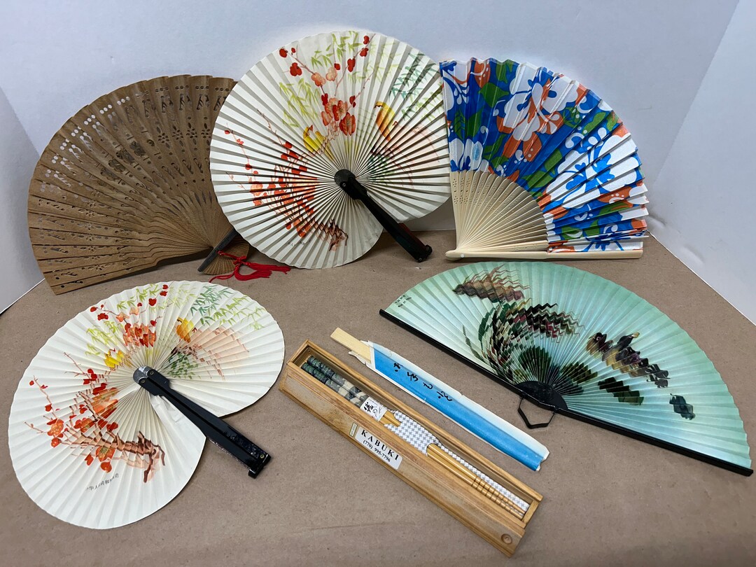 Vintage Chinese Asian Collectible Folding Hand Fans, Lot of 5, Kabuki ...