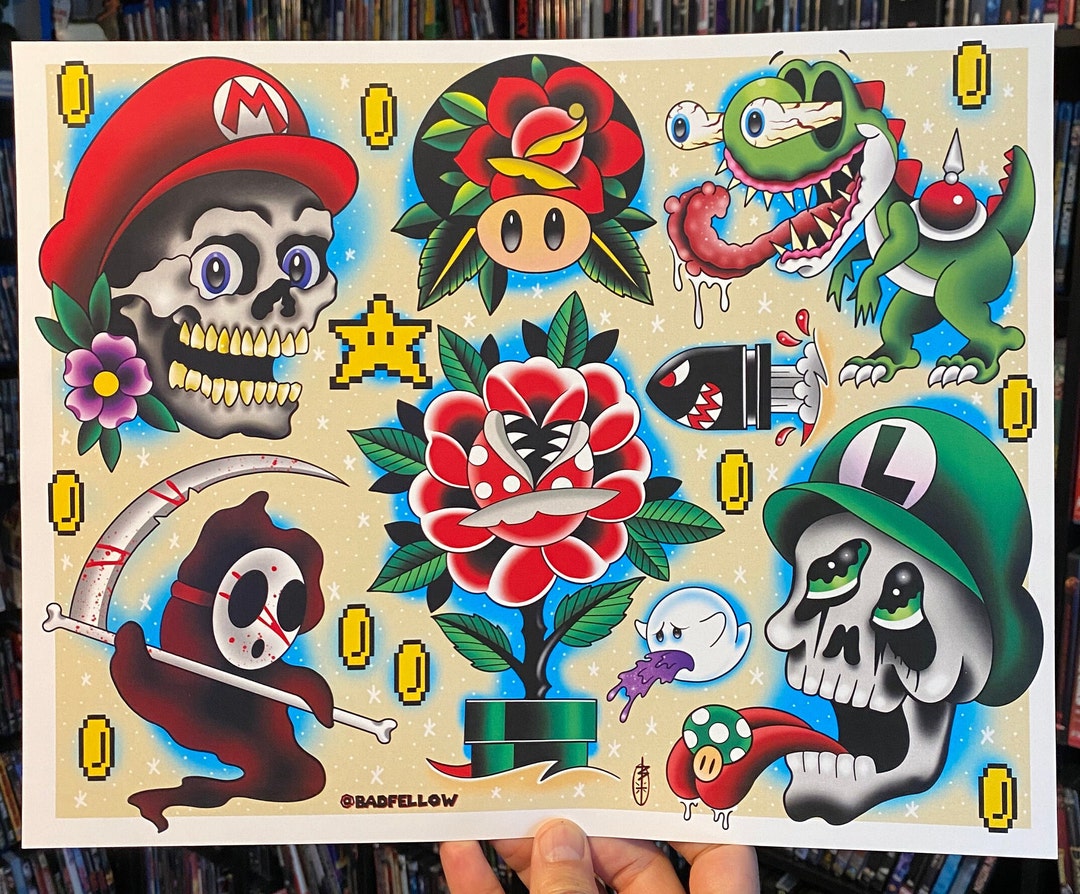 Super Mario Brothers Tattoo Flash Sheet - Etsy