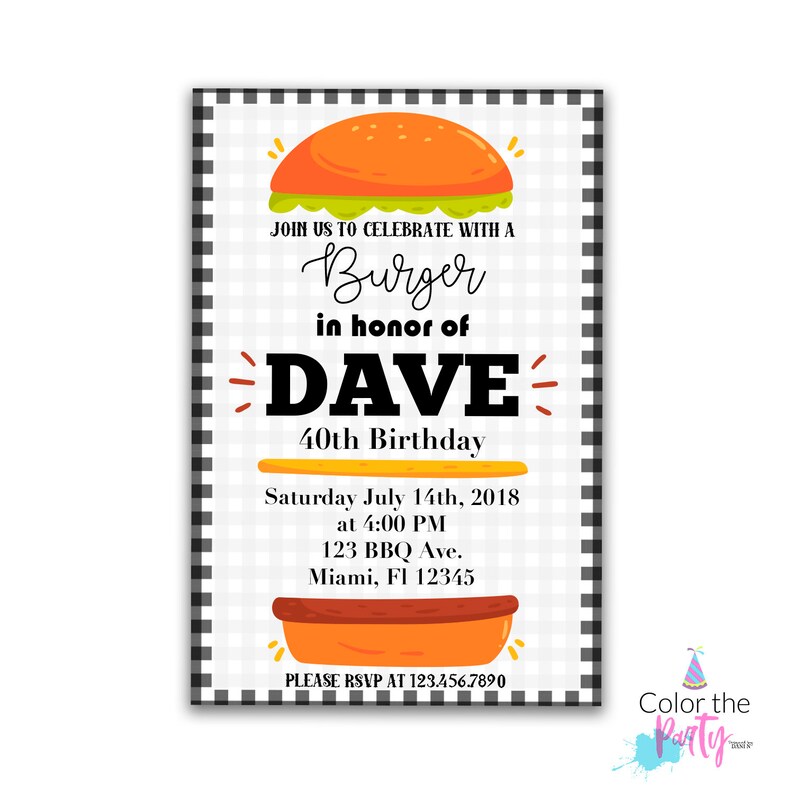 BBQ Burger Birthday Invitation Hamburger Party Invite Summer | Etsy