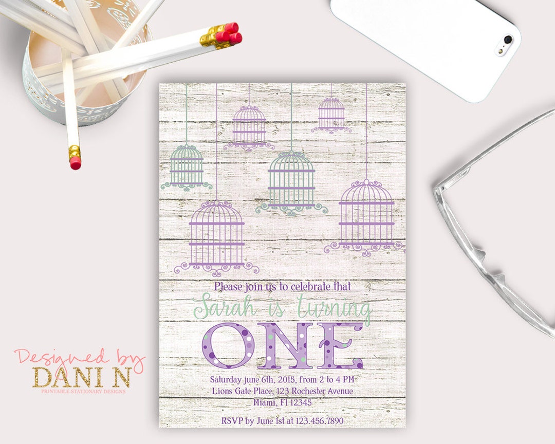 Bird Cage Rustic Birthday Invitation, Purple Mint Wood, First Birthday ...