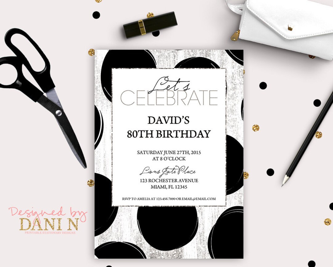 Elegant 80th Birthday Invitation Polkadots Black and Silver - Etsy
