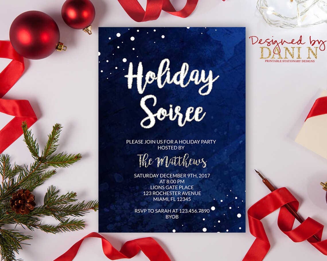 Holiday Party Invitation Holiday Soiree Invite Blue White - Etsy