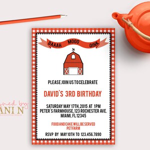 Farm Birthday Party INVITATION, Red and Black Barn Invite, Pet Farm ...