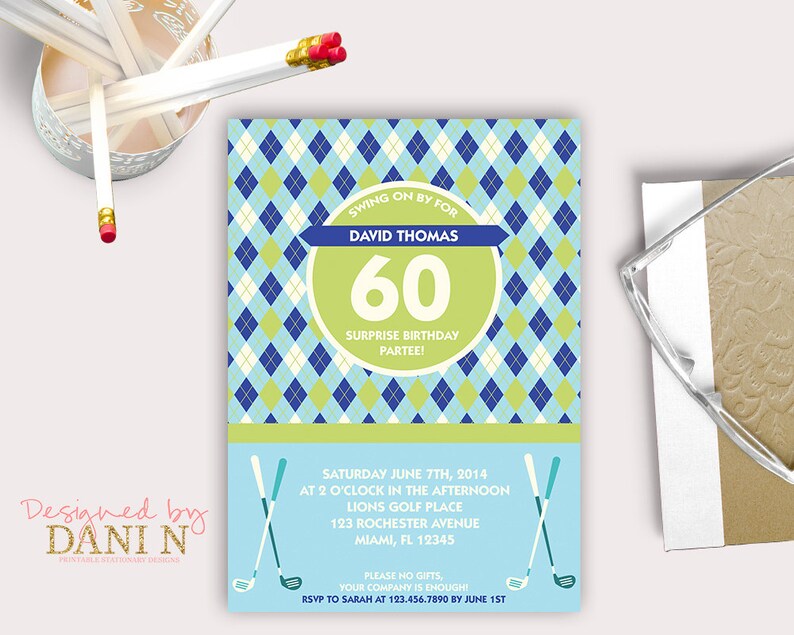 Golf Adult Birthday Invitation 60th Invite Blue and Green - Etsy