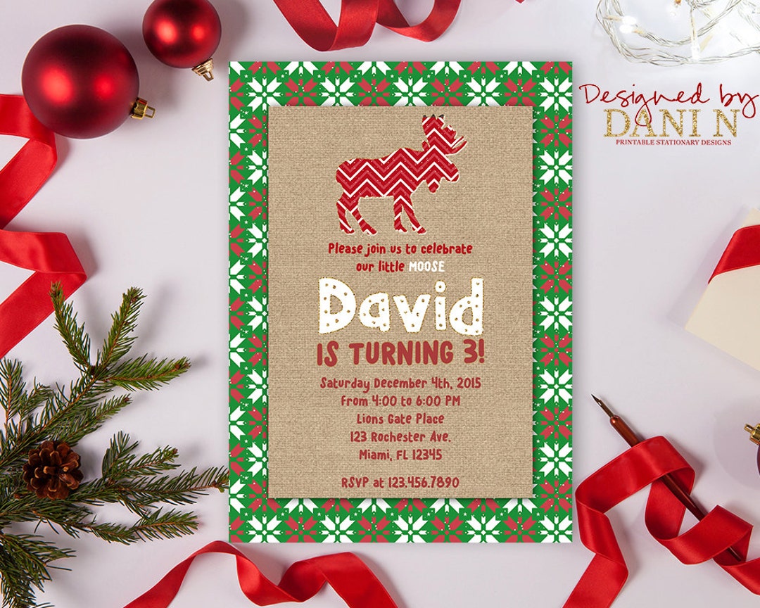 Winter Moose Birthday Invitation, Boy Girl Party, Moose Christmas ...
