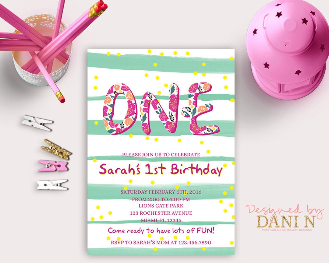 Floral Hot Pink and Mint Birthday Invitation, Mint First Birthday, Hot ...