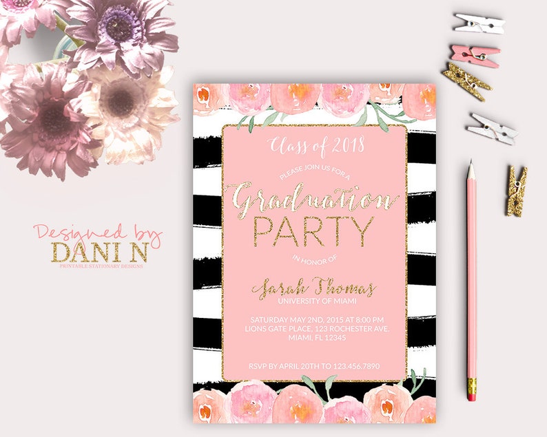 Pink Roses Graduation Invitation Floral Grad Invite - Etsy