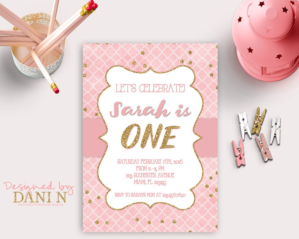 1st Birthday Pink invite Girl first party invitation ONE | Etsy