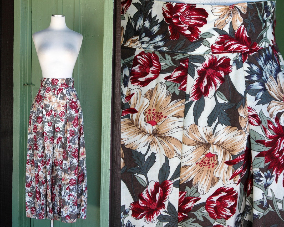 1990s Rayon High Waist Pleat Front Wide Leg Tan Red Green Floral Pants ...