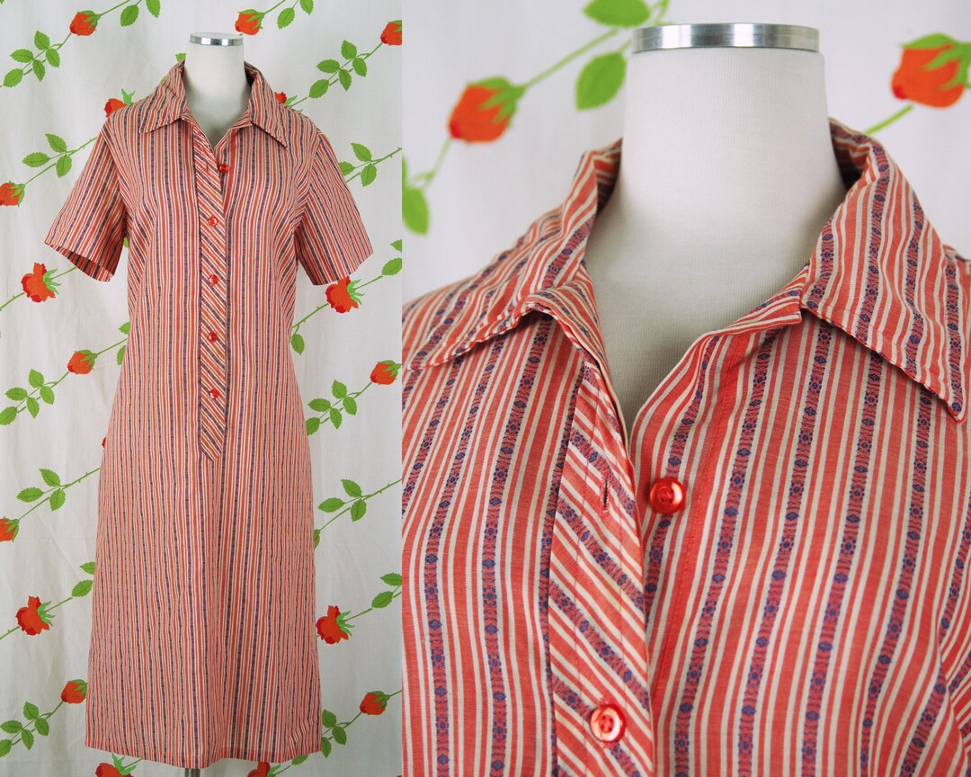 1970s Striped Country Miss Shift Dress // 70s Orange Red Blue White ...