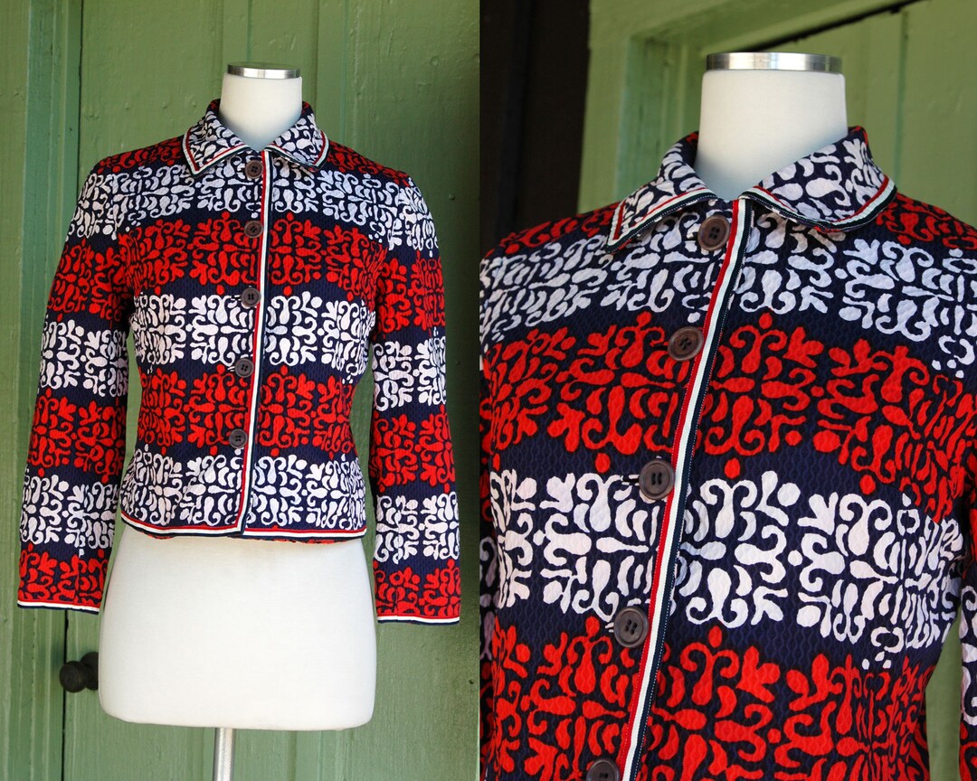 1960s Navy Blue Red White Mod Striped Waffle Cotton Blazer Jacket ...