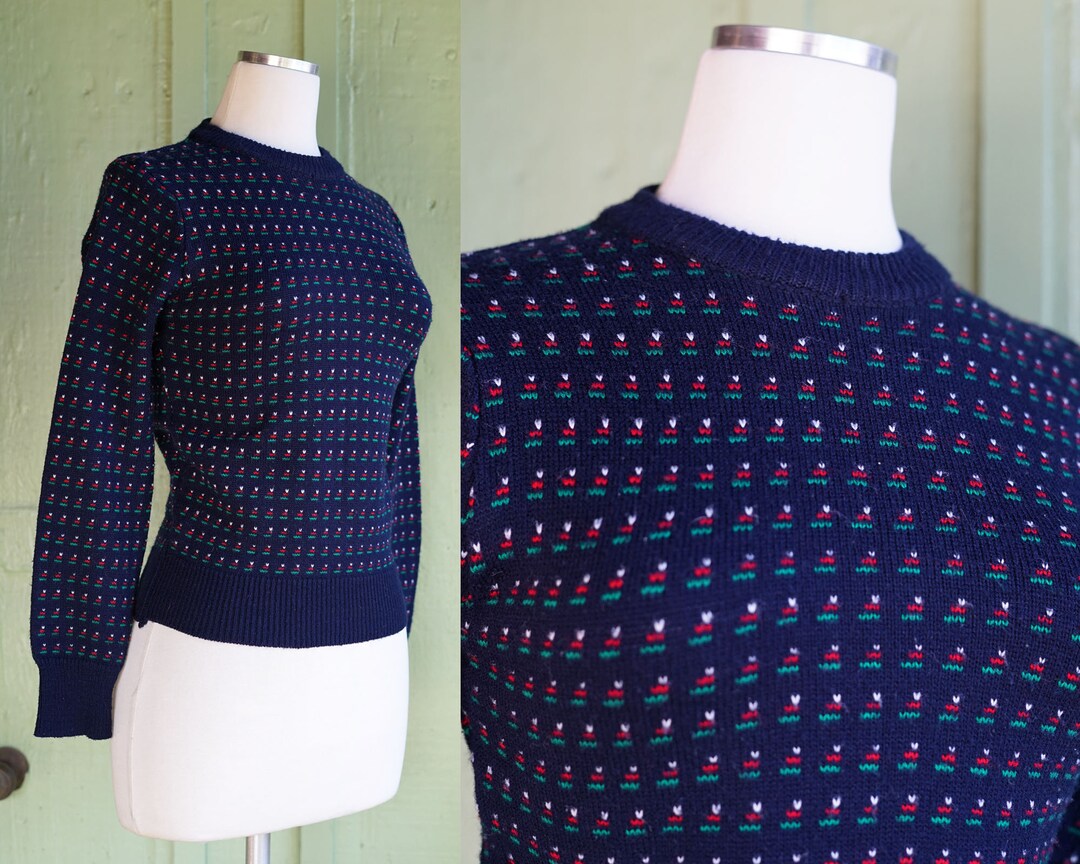 1960s 1970s Navy Blue Knit Sweater With White Red and Green Stitched ...
