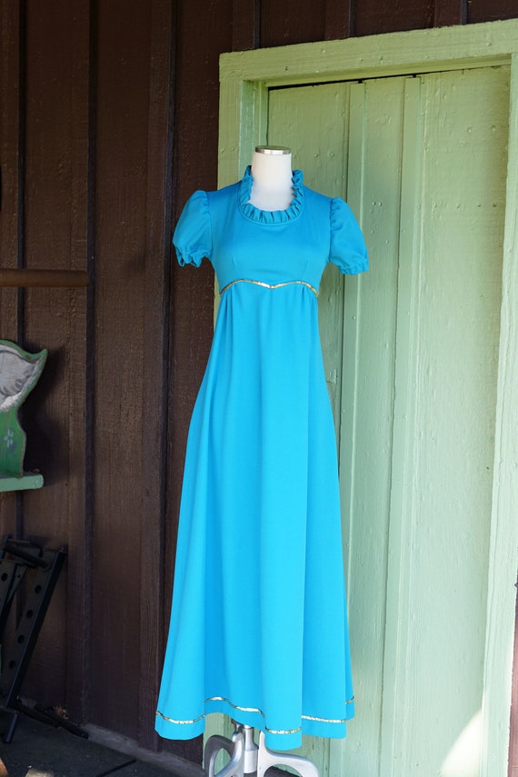 1960s 1970s Turquoise Princess Maxi Dress with Ruffle… - Gem