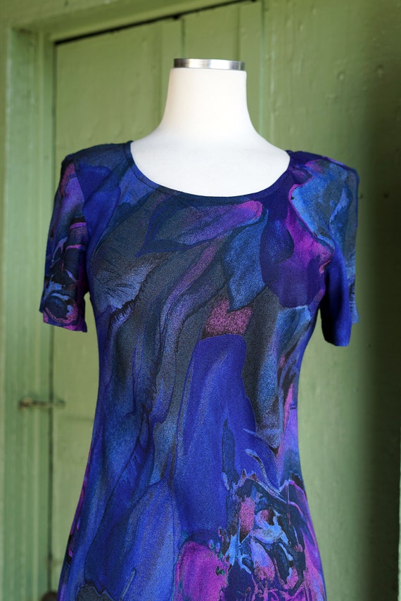 1990s Blue Purple Black Artsy Floral Bias Cut Maxi Dr… - Gem